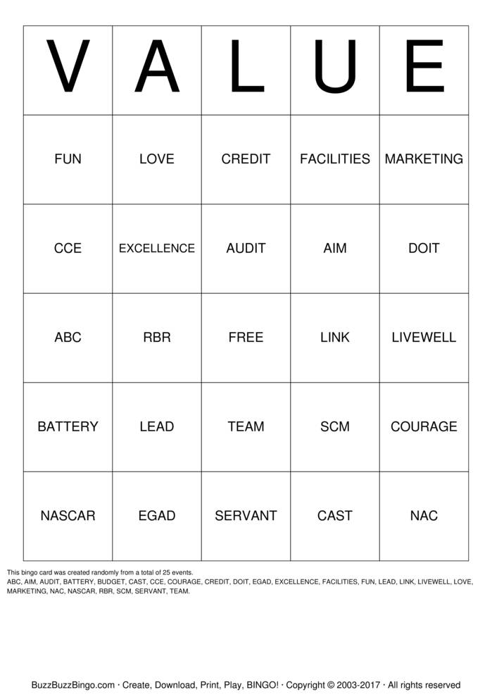 VALUE Bingo Cards to Download, Print and Customize!