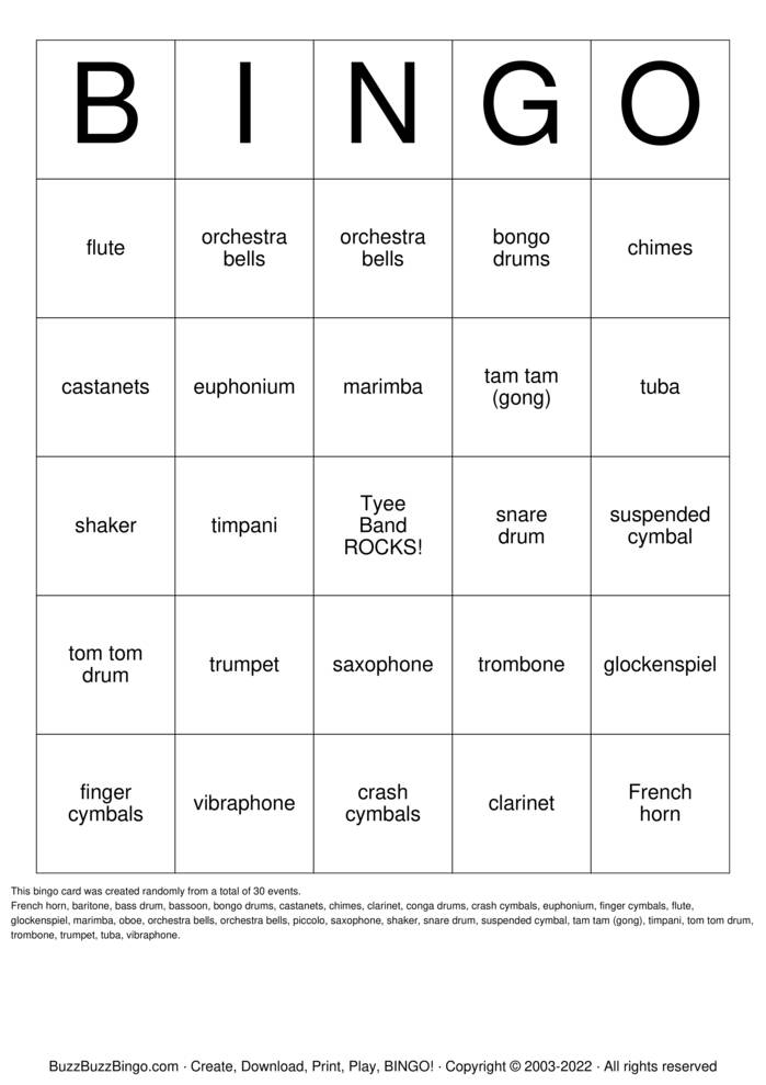 band listening Bingo Cards to Download, Print and Customize!