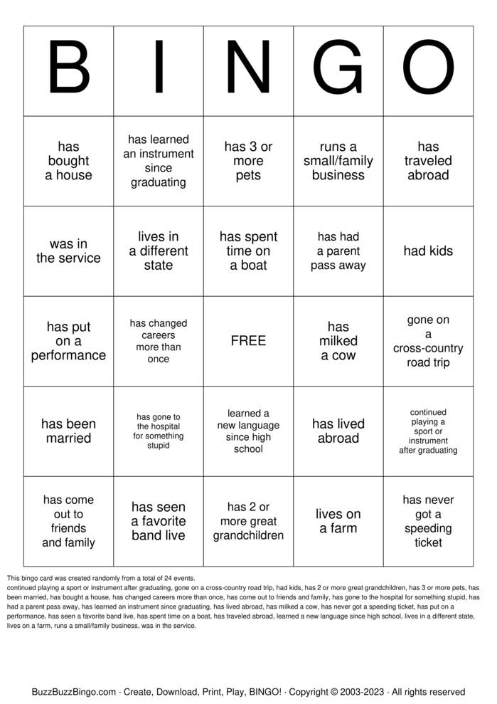10-Year Class Reunion Bingo Cards to Download, Print and Customize!