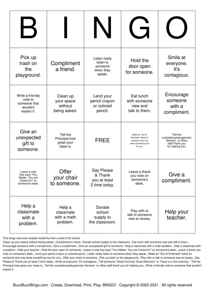 Acts of Kindness BINGO Bingo Cards to Download, Print and Customize!