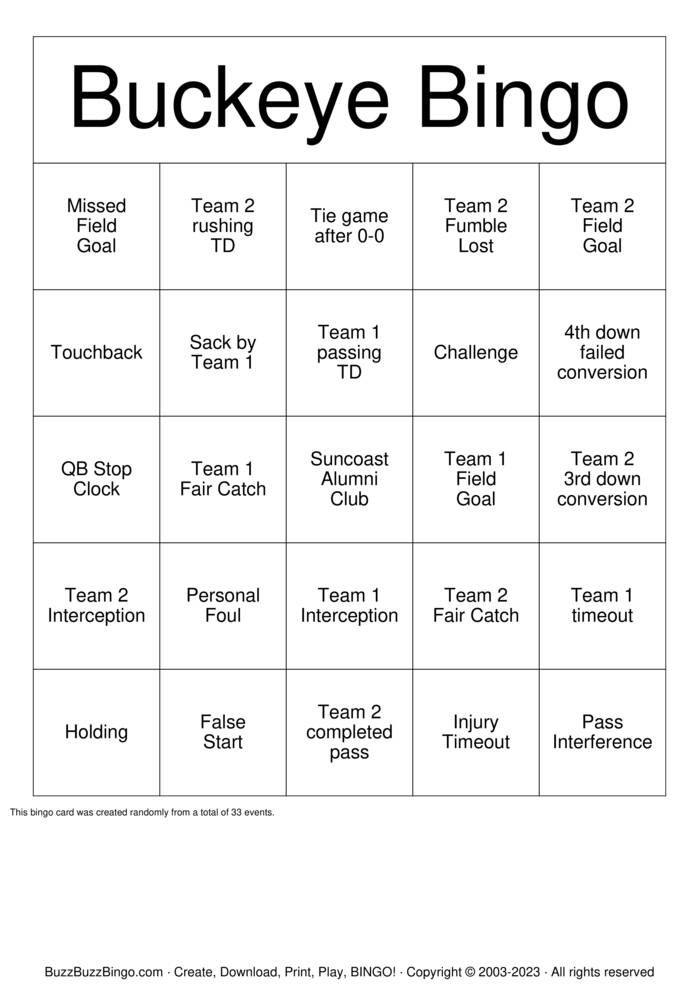 Buckeye Bingo Cards to Download, Print and Customize!