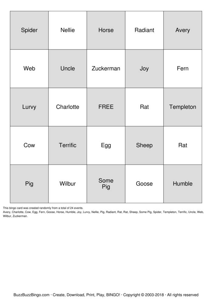 Charlottes Web Bingo Cards to Download, Print and Customize!