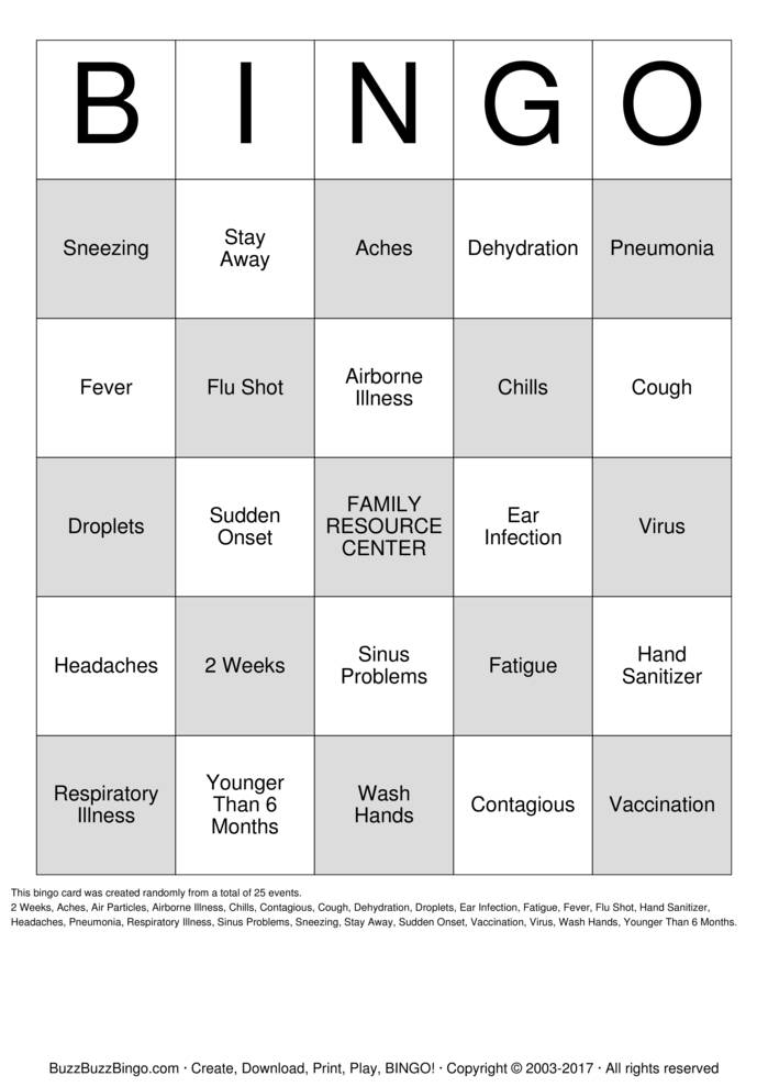 FLU Bingo Cards to Download, Print and Customize!