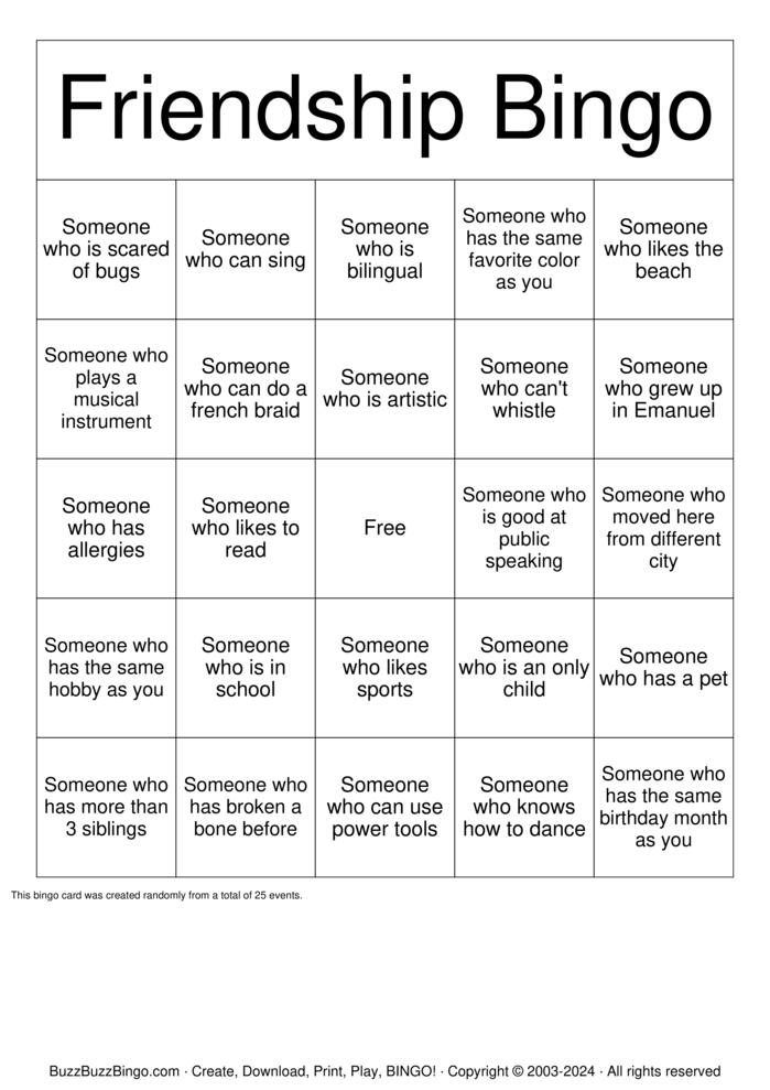 Friendship Bingo Bingo Cards to Download, Print and Customize!