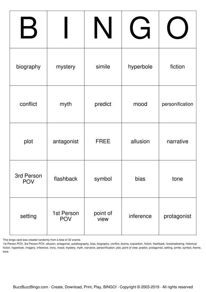 Literary Device Bingo Cards to Download, Print and Customize!
