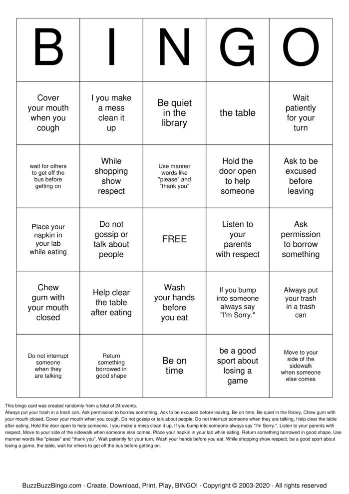 MANNERS Bingo Cards to Download, Print and Customize!
