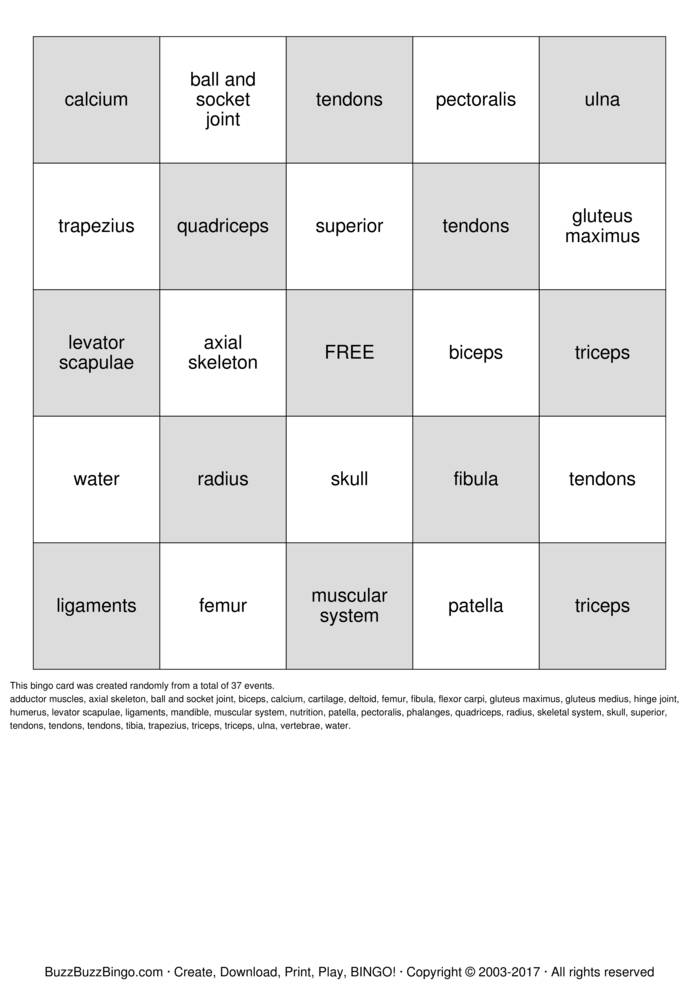 Muscular System Bingo Cards to Download, Print and Customize!