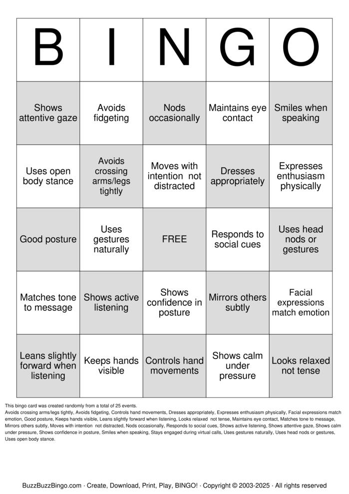 body language Bingo Cards to Download, Print and Customize!