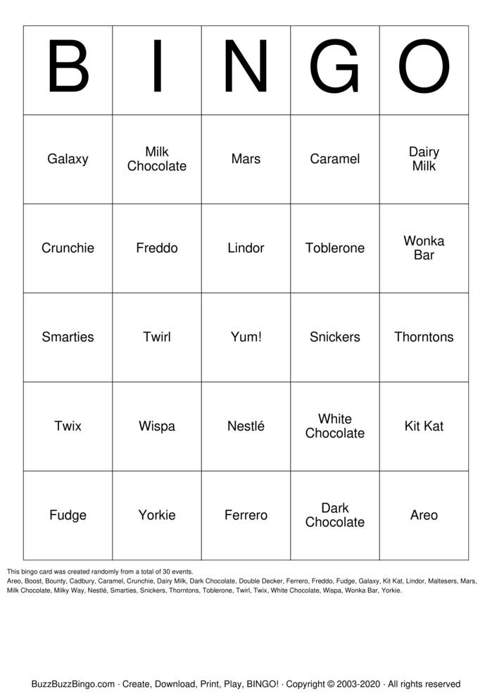 chocolate Bingo Cards to Download, Print and Customize!