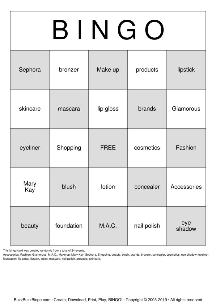 makeup Bingo Cards to Download, Print and Customize!
