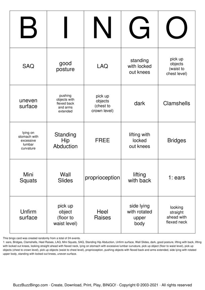 physical therapy Bingo Cards to Download, Print and Customize!