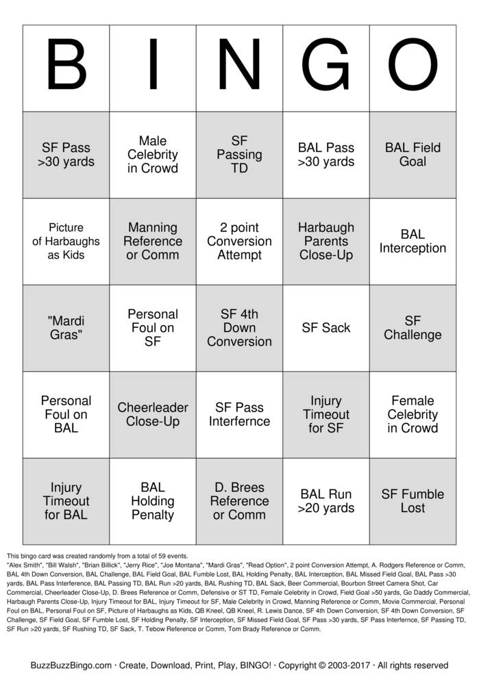 2013 Superbowl BAL vs SF Bingo Cards to Download, Print and Customize!