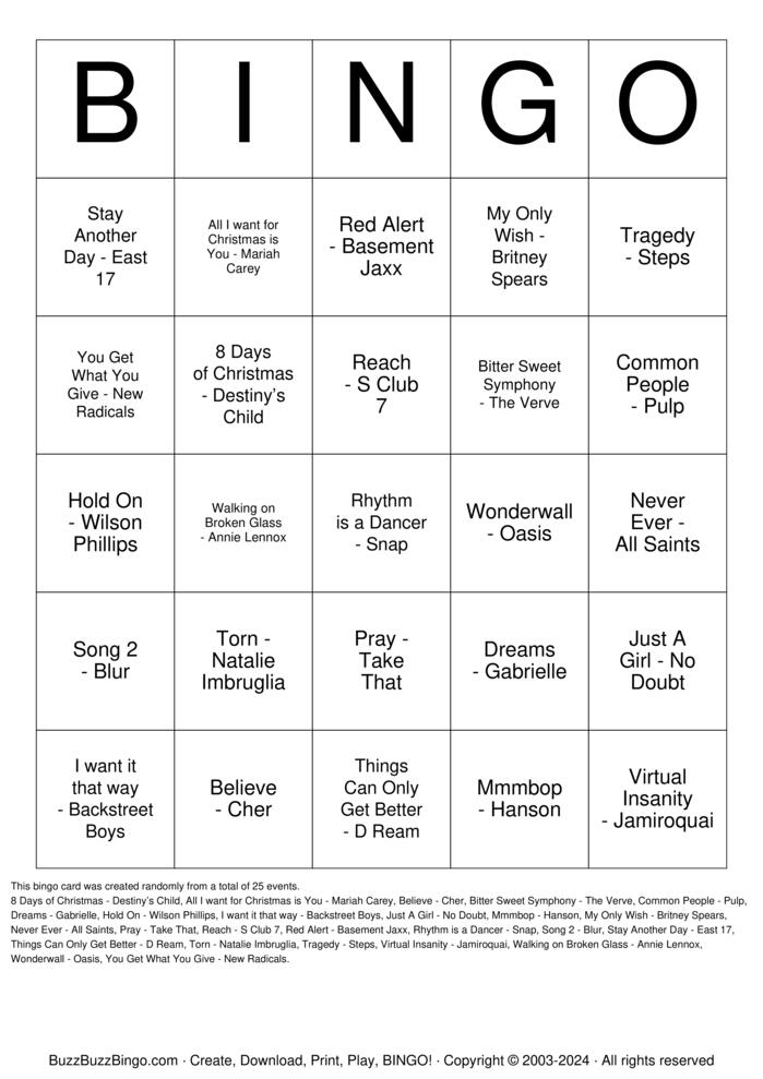90?s Song Bingo Bingo Cards to Download, Print and Customize!