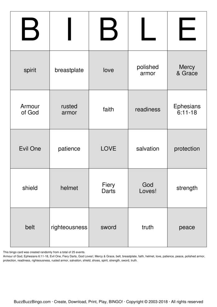 Armour of God Bingo Cards to Download, Print and Customize!