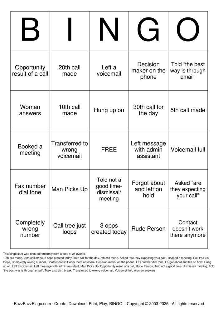 Central Cold Call Chaos Bingo Cards to Download, Print and Customize!