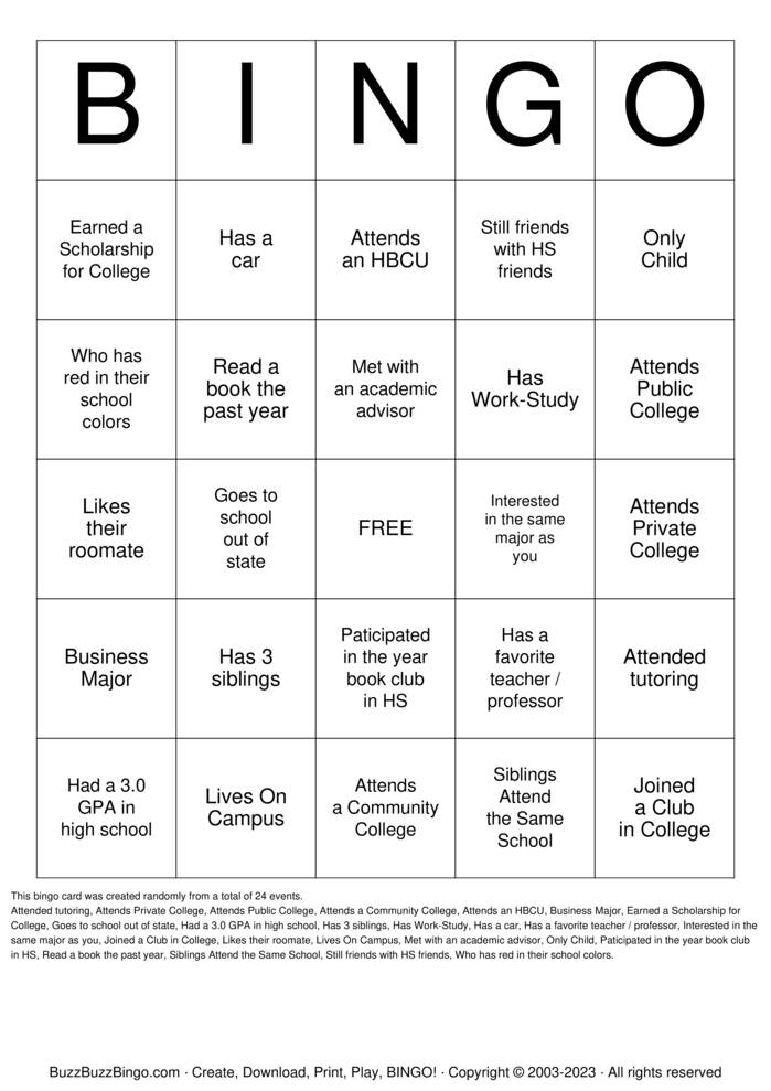 College Mingle Bingo Bingo Cards to Download, Print and Customize!