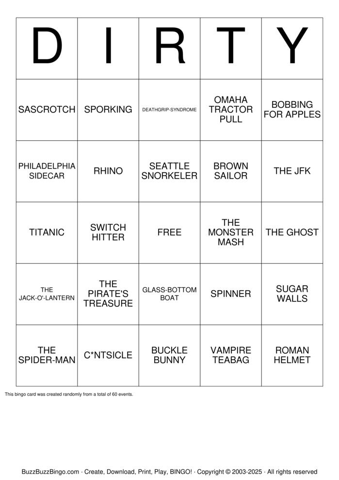Dirty Bingo Cards to Download, Print and Customize!