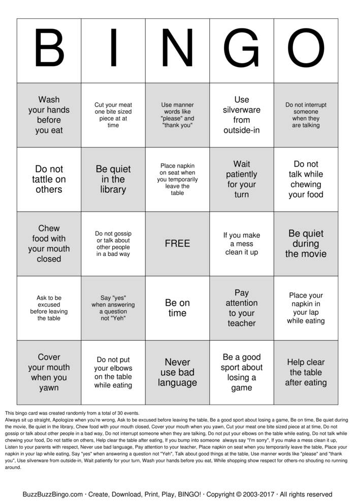 Manners Bingo Cards to Download, Print and Customize!