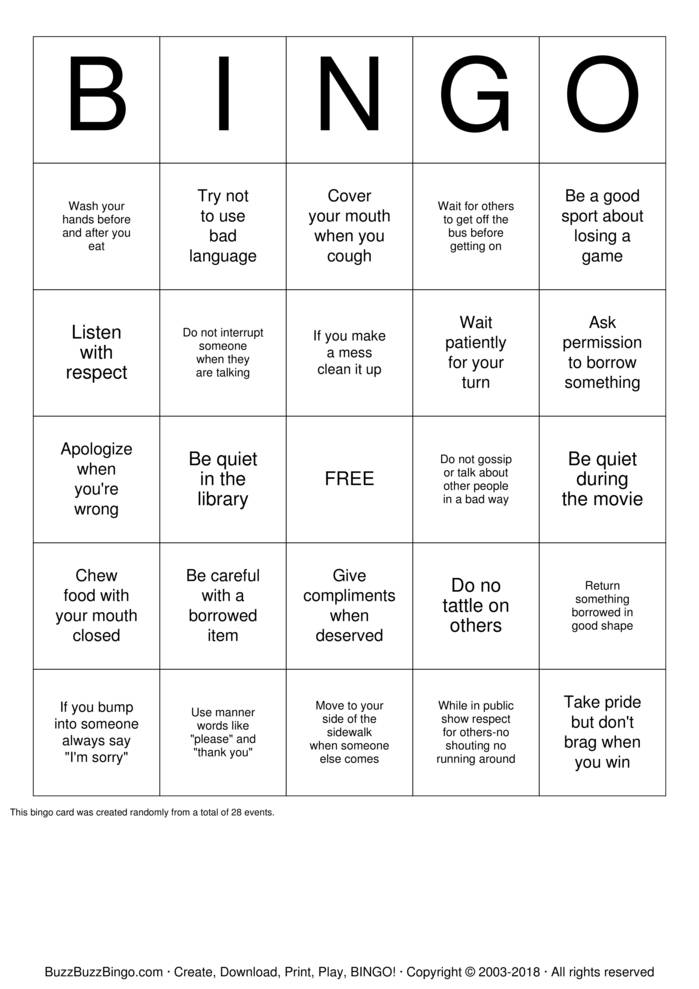 Manners Bingo Cards to Download, Print and Customize!