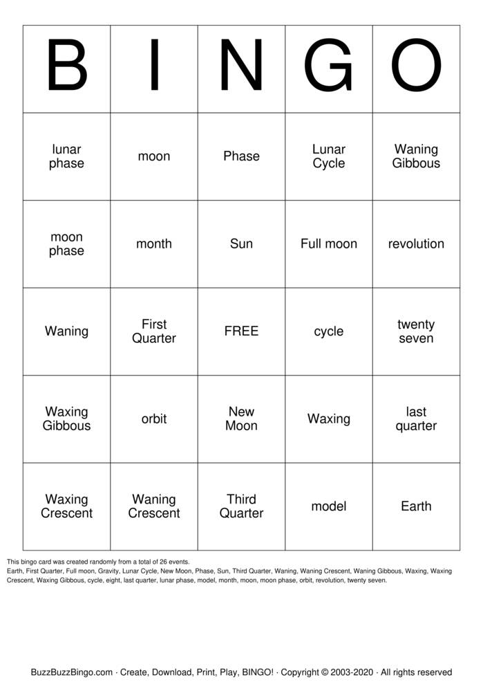 Moon Phases Bingo Cards to Download, Print and Customize!