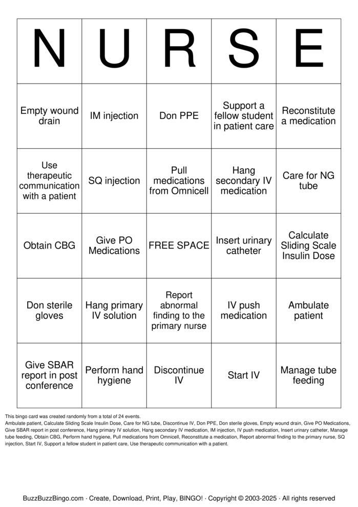 Nurse Skills Bingo Bingo Cards to Download, Print and Customize!