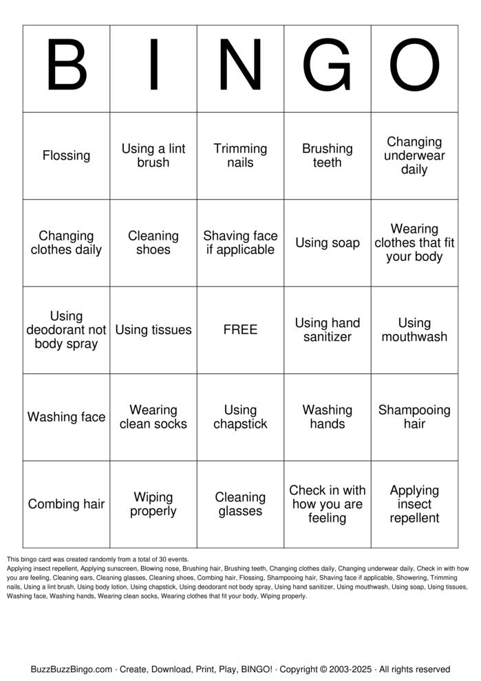 Personal Hygiene Bingo Cards to Download, Print and Customize!