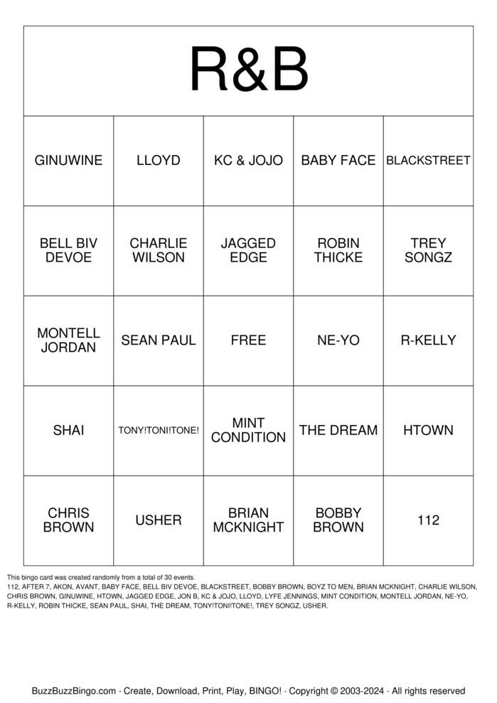 R&B Males Bingo Cards to Download, Print and Customize!