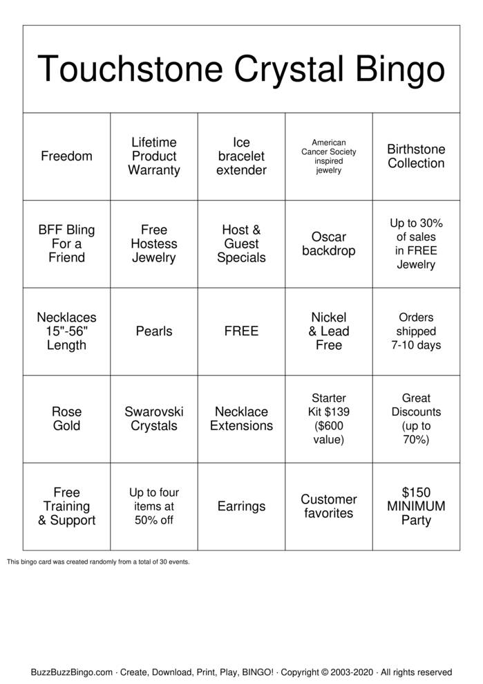 Touchstone Crystal BLINGO!!! Bingo Cards to Download, Print and Customize!