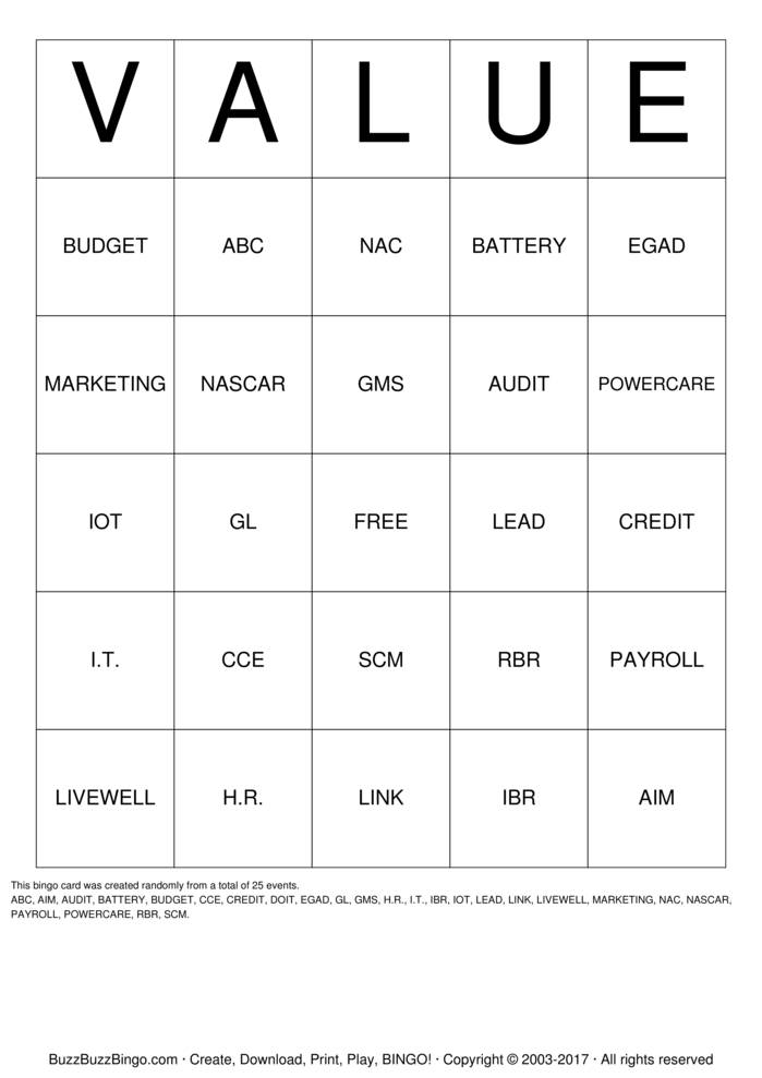 VALUE Bingo Cards to Download, Print and Customize!