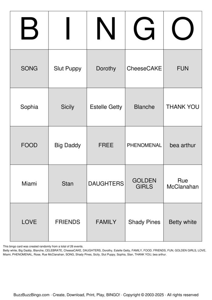 golden girls Bingo Cards to Download, Print and Customize!