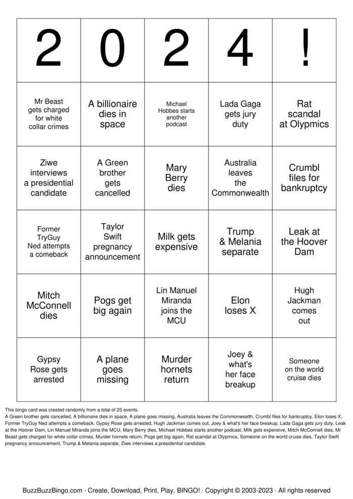 2024! Bingo Cards to Download, Print and Customize!
