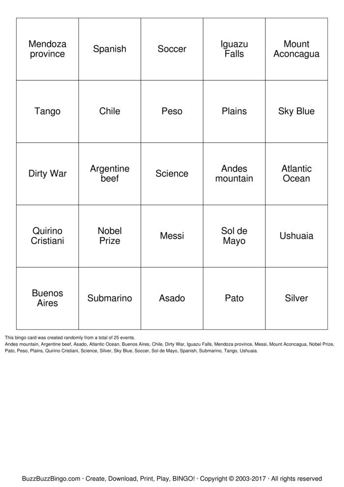 Argentina Bingo Cards to Download, Print and Customize!