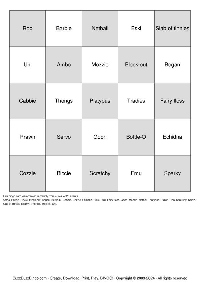 Bogan Bingo Cards to Download, Print and Customize!