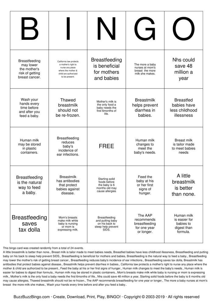 Breastfeeding Bingo Bingo Cards to Download, Print and Customize!