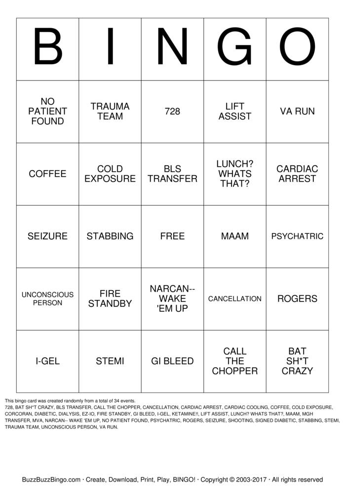 EMS Bingo Cards to Download, Print and Customize!