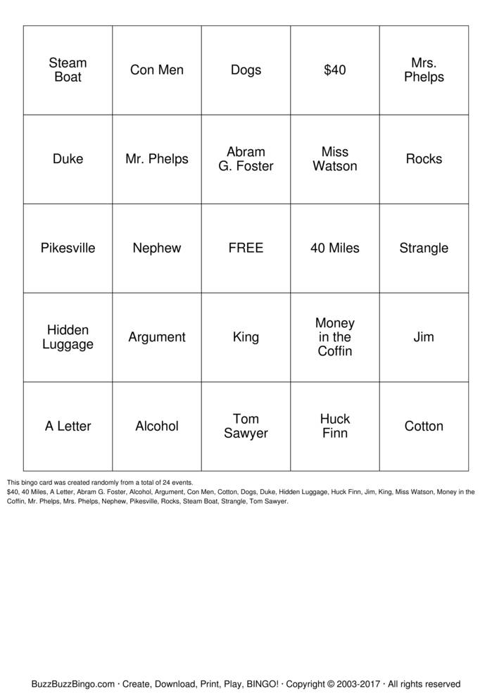 Huckleberry Finn Bingo Bingo Cards to Download, Print and Customize!