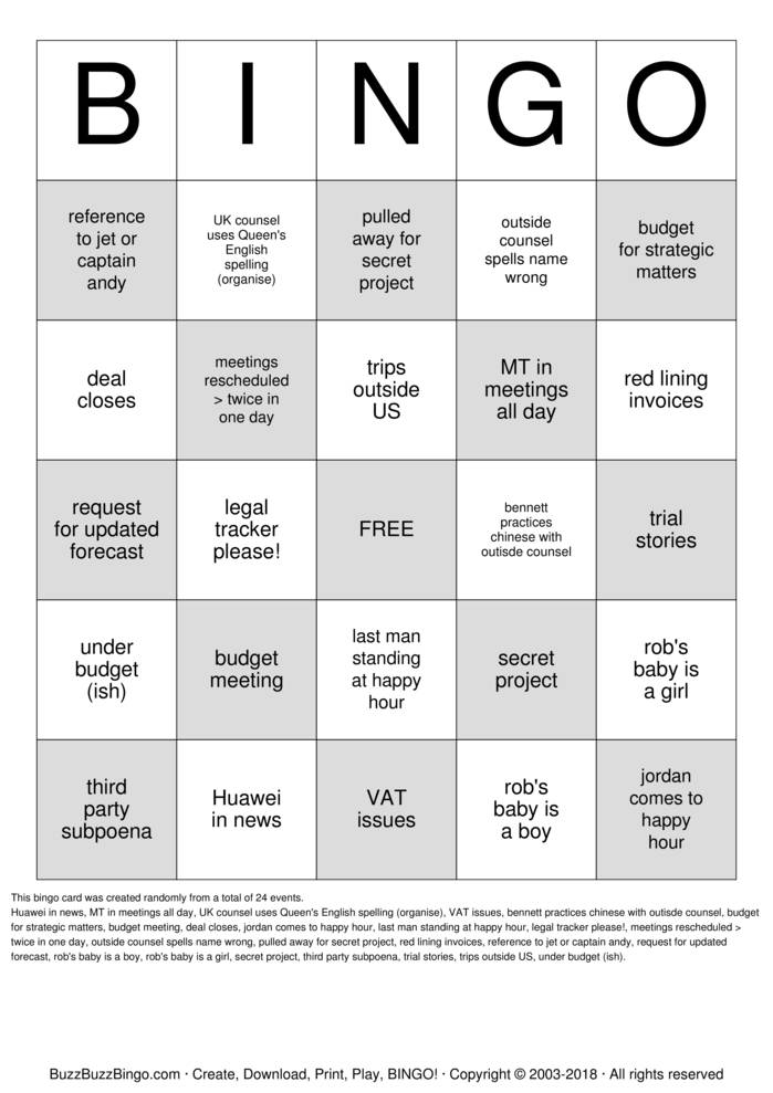 Legal Department BINGO Bingo Cards to Download, Print and Customize!