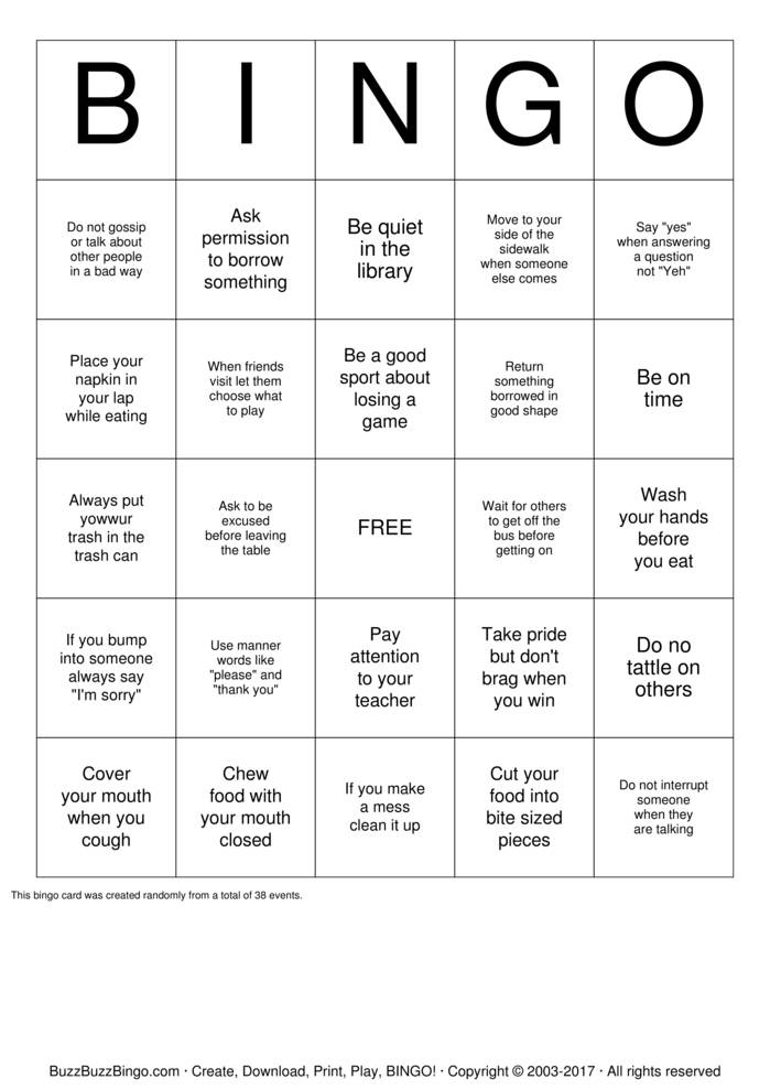 Manners Bingo Cards to Download, Print and Customize!