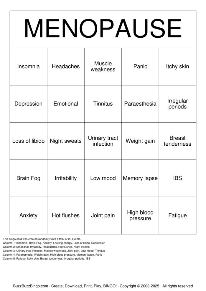 Menopause Bingo Cards to Download, Print and Customize!