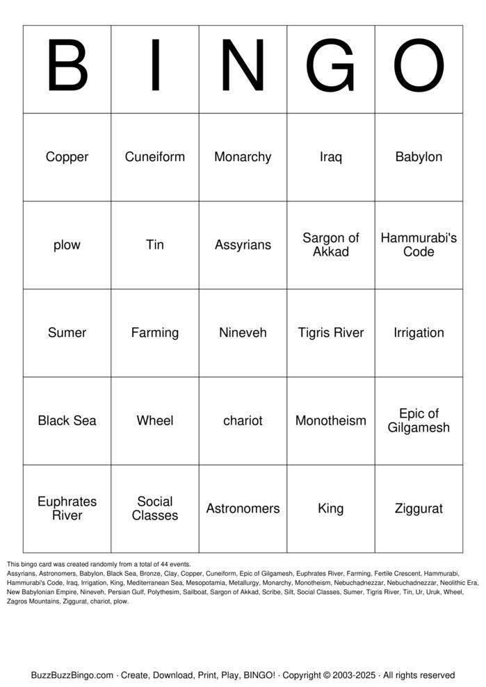 Mesopotamia Bingo Cards to Download, Print and Customize!