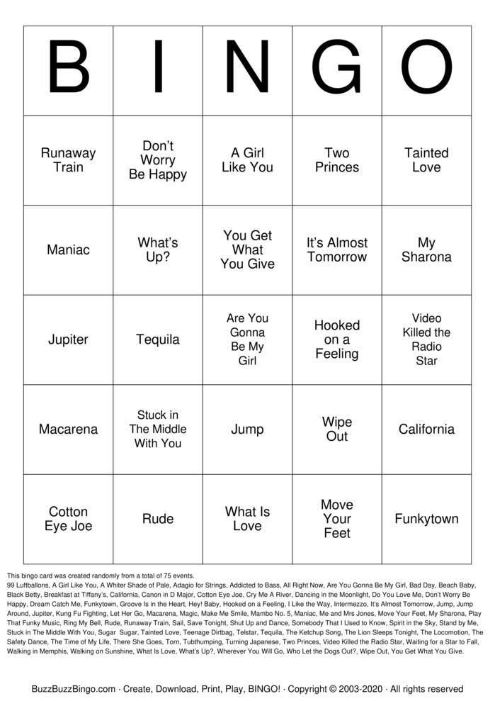 One Hit Wonders Bingo Cards to Download, Print and Customize!