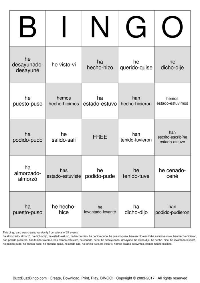 Verbos in Preterite Bingo Cards to Download, Print and Customize!