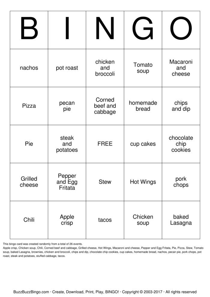 winter foods Bingo Cards to Download, Print and Customize!