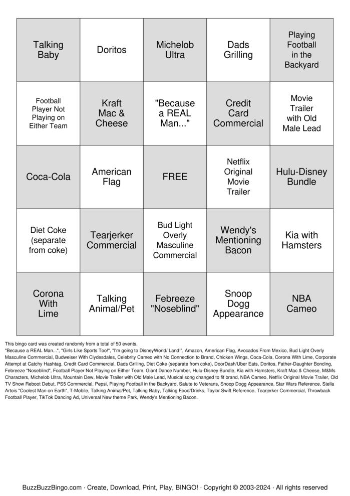 2024 Superbowl Commercials Bingo Cards to Download, Print and Customize!