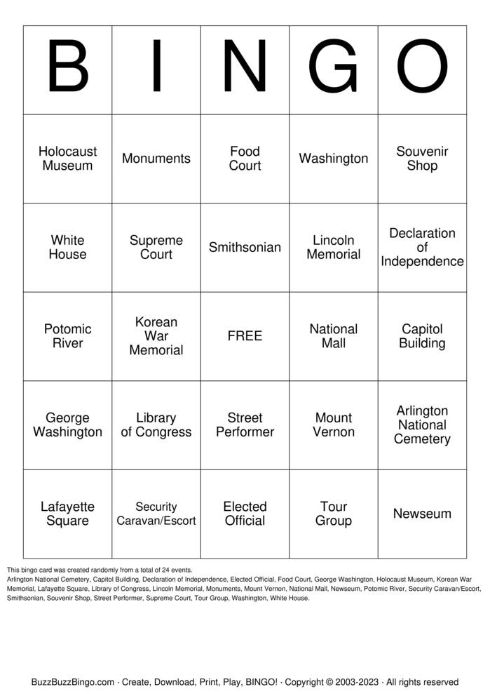 A Trip To Washington, DC Bingo Cards to Download, Print and Customize!