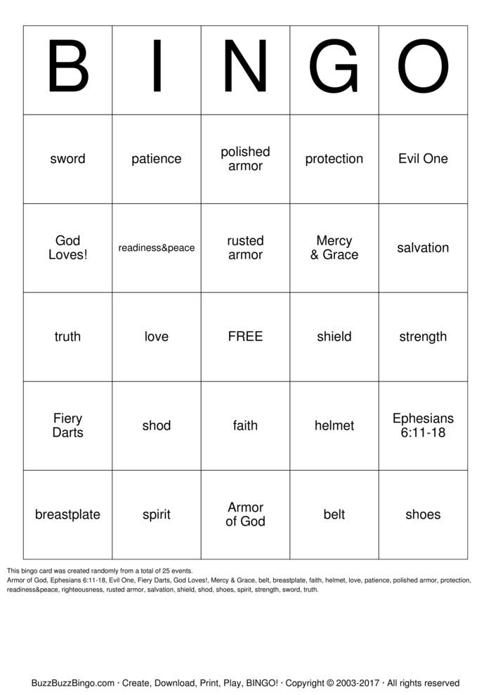 Armor of God Bingo Cards to Download, Print and Customize!