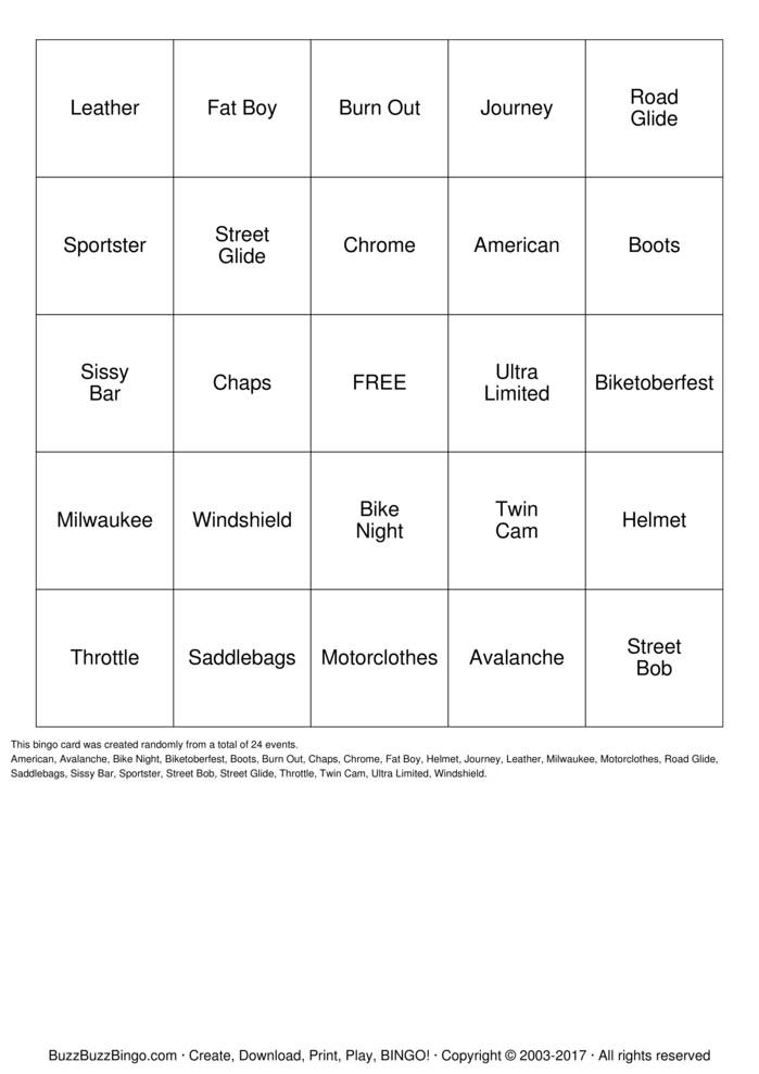 Avalanche H-D Biker Bingo Cards to Download, Print and Customize!