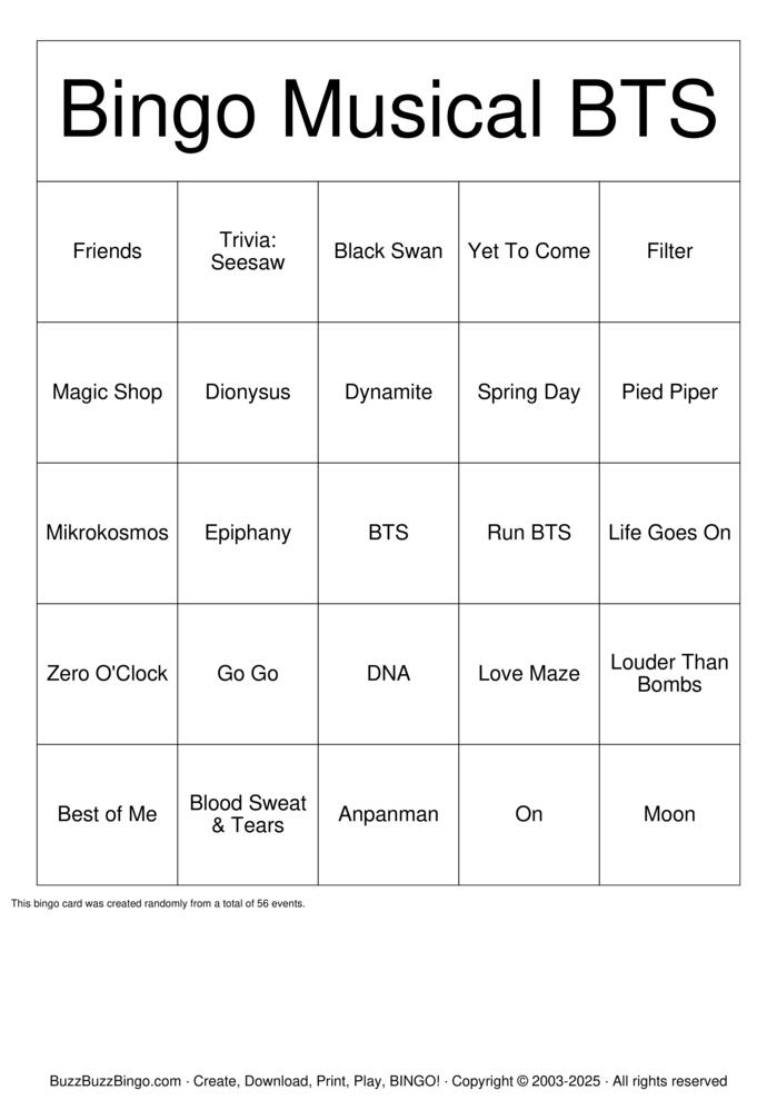 BTS Music Bingo Bingo Cards to Download, Print and Customize!