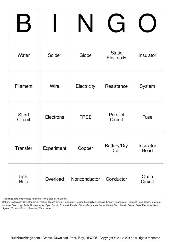 Electricity Bingo Bingo Cards to Download, Print and Customize!