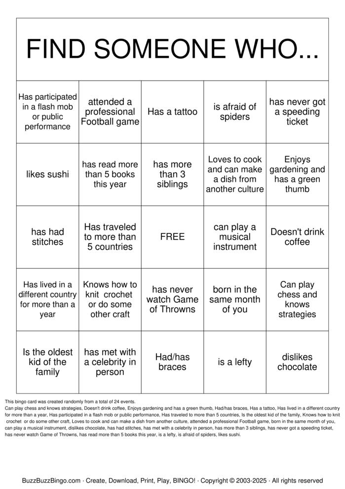 Find Someone Who.. Bingo Cards to Download, Print and Customize!
